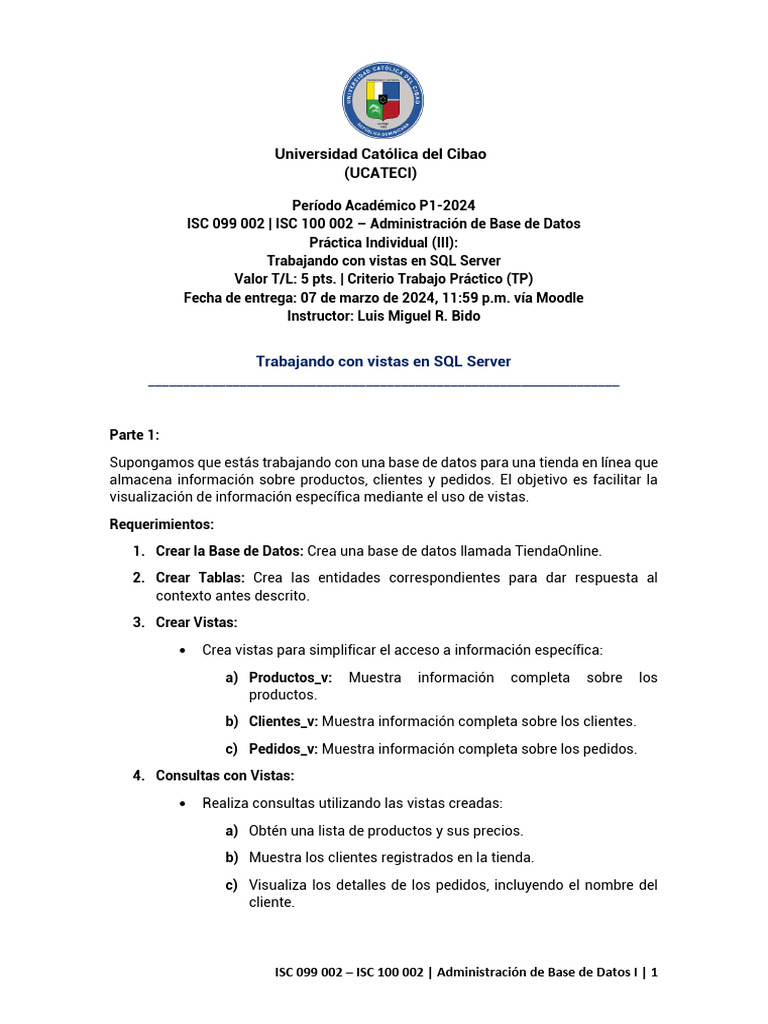 Vistas SQL Server: Práctica UCATECI | PDF | SQL | Bases de datos