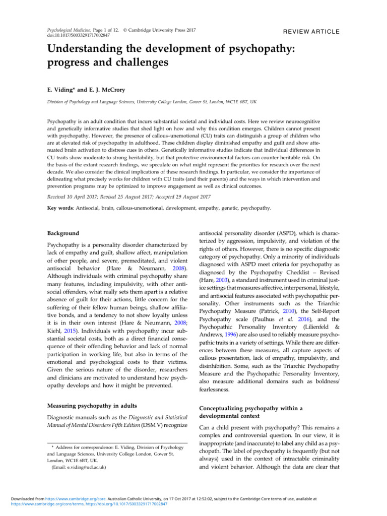 E Viding Understanding The Development of Psychopathy | PDF | Psychopathy | Antisocial ...