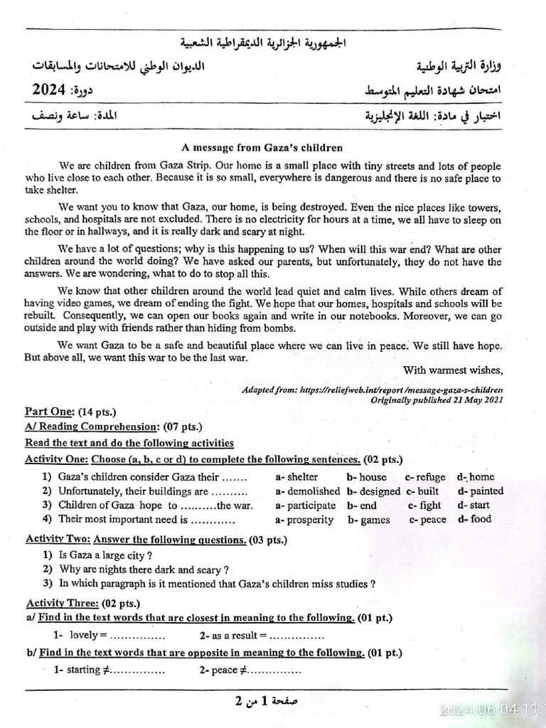 Sujet Bem Anglais 2024 | PDF