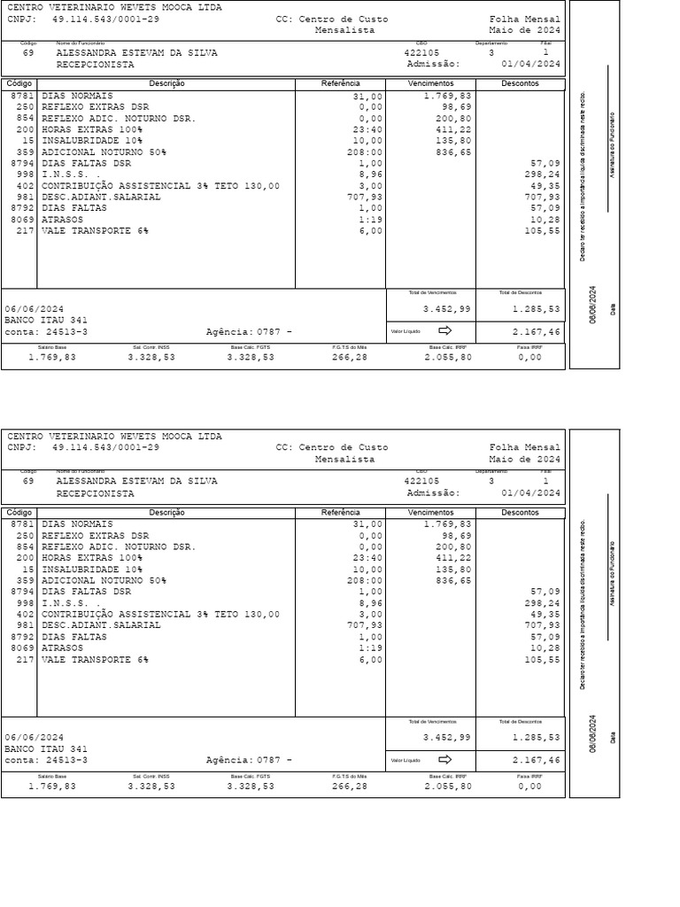80030-05-2024-M-69-Recibo de Pagamento | PDF | Hora extra | Ética de negócios