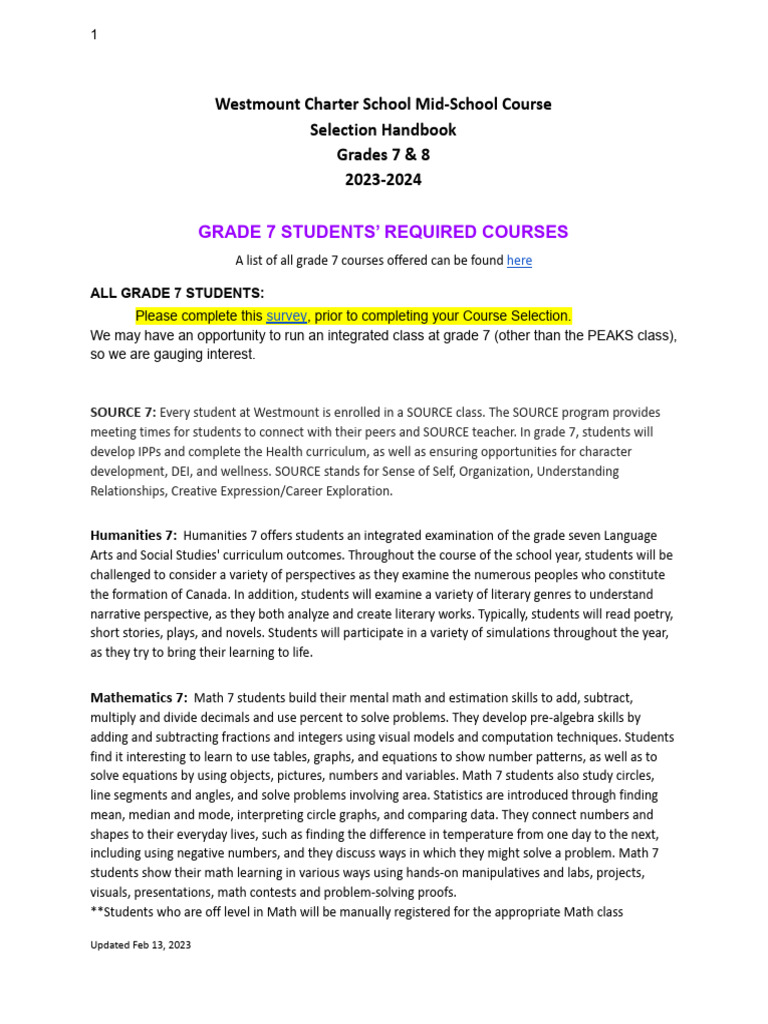 Westmount Charter School Grade 7 Course Guide | PDF | Mathematics | Science