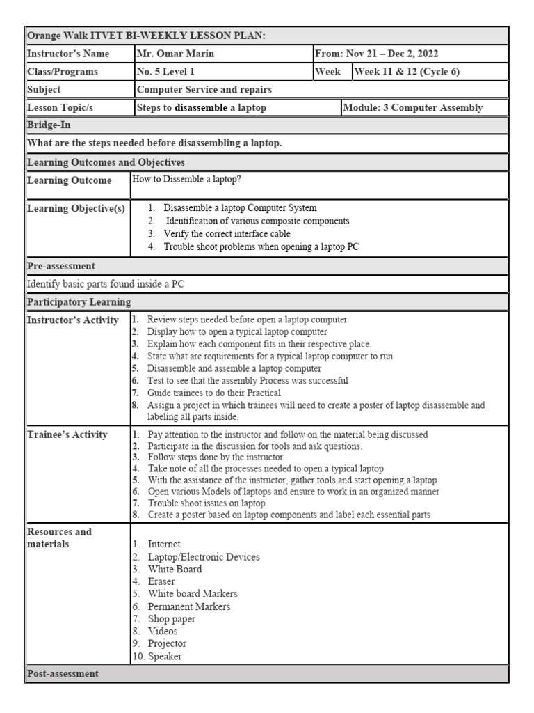 CSR Level 1 Lesson Plan Cycle 6 | PDF | Troubleshooting | Laptop