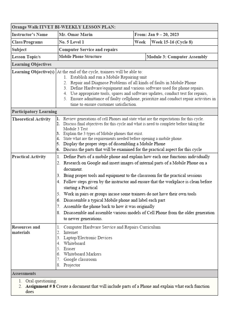 CSR Level 1 Lesson Plan Cycle 8 | PDF | Mobile Phones | Lesson Plan