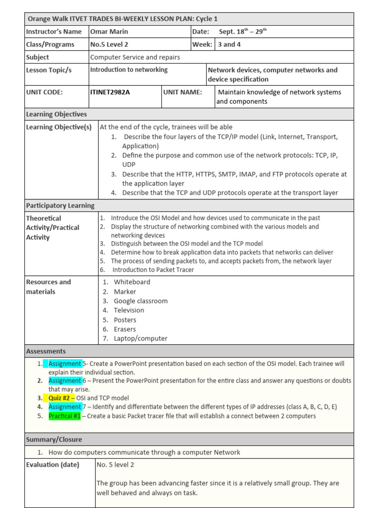 CSR Level 2 Lesson Plan Cycle 2 20223-24 | PDF | Internet Protocol Suite | Osi Model