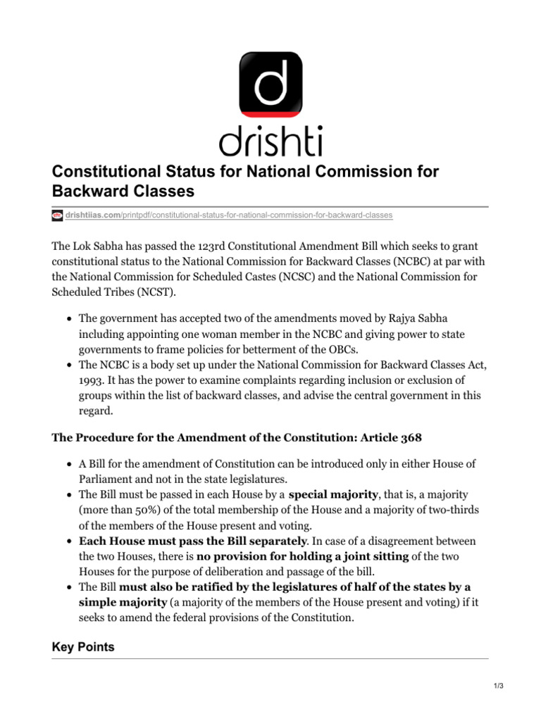 Constitutional Status For National Commission For Backward Classes ...