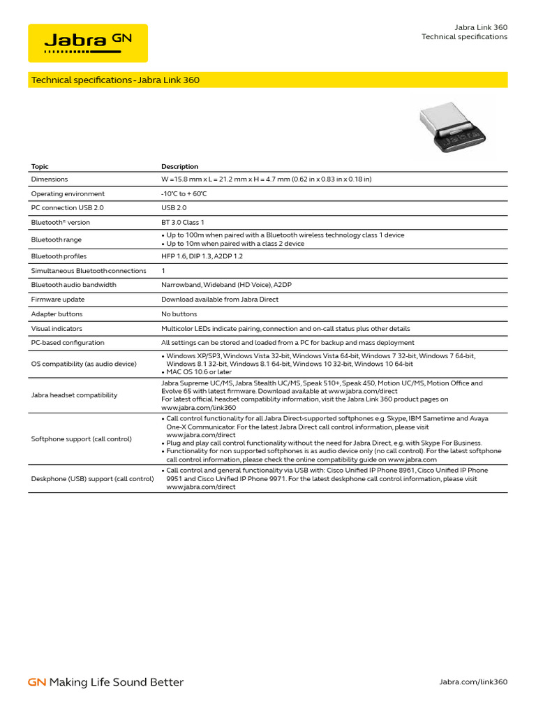 Jabra Link 360 TechSpec 2016 | PDF | Bluetooth | Microsoft Windows