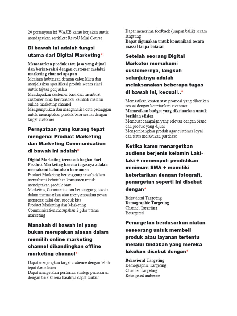 20 Pertanyaan Untuk Sertifikat RevoU Mini Course Week1 | PDF | Karier & Perkembangan ...