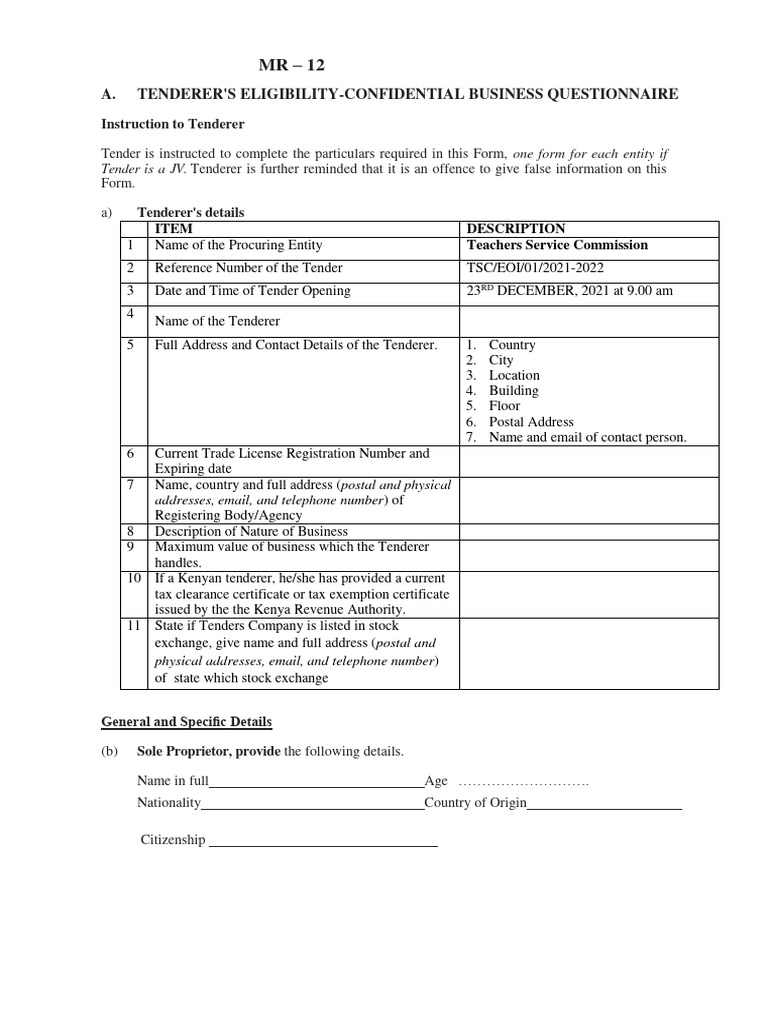Confidential Business Questionnaire Form MR 13 | PDF | Government ...