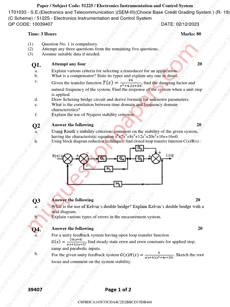 Be Electronics and Telecommunication Semester 3 2023 December Electronic Instrumentation Control ...