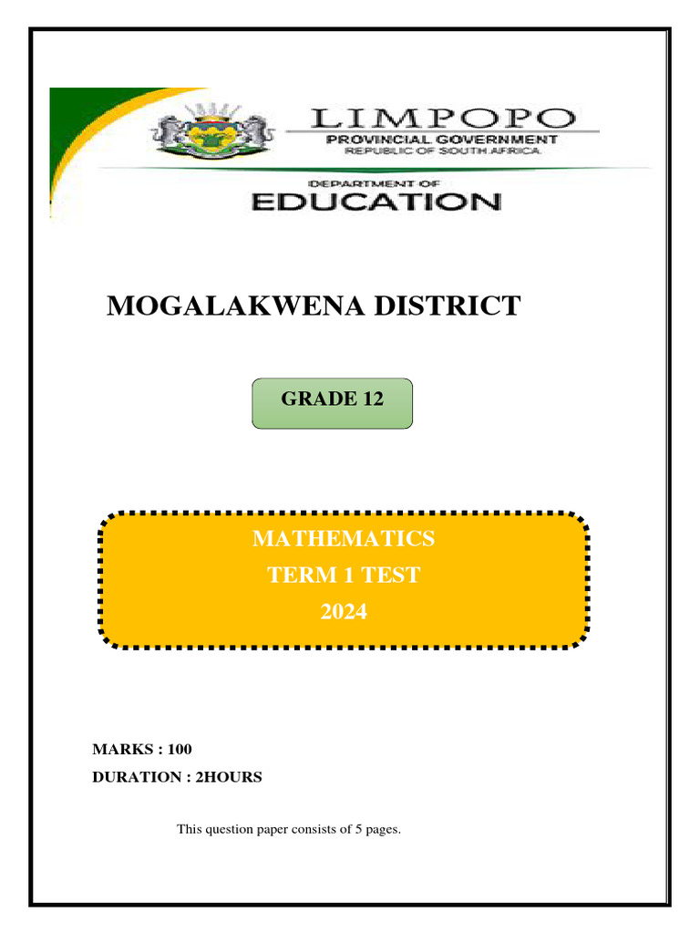 Grade 12 Term 1 2024 Test Mathematics | PDF | Asymptote | Function ...
