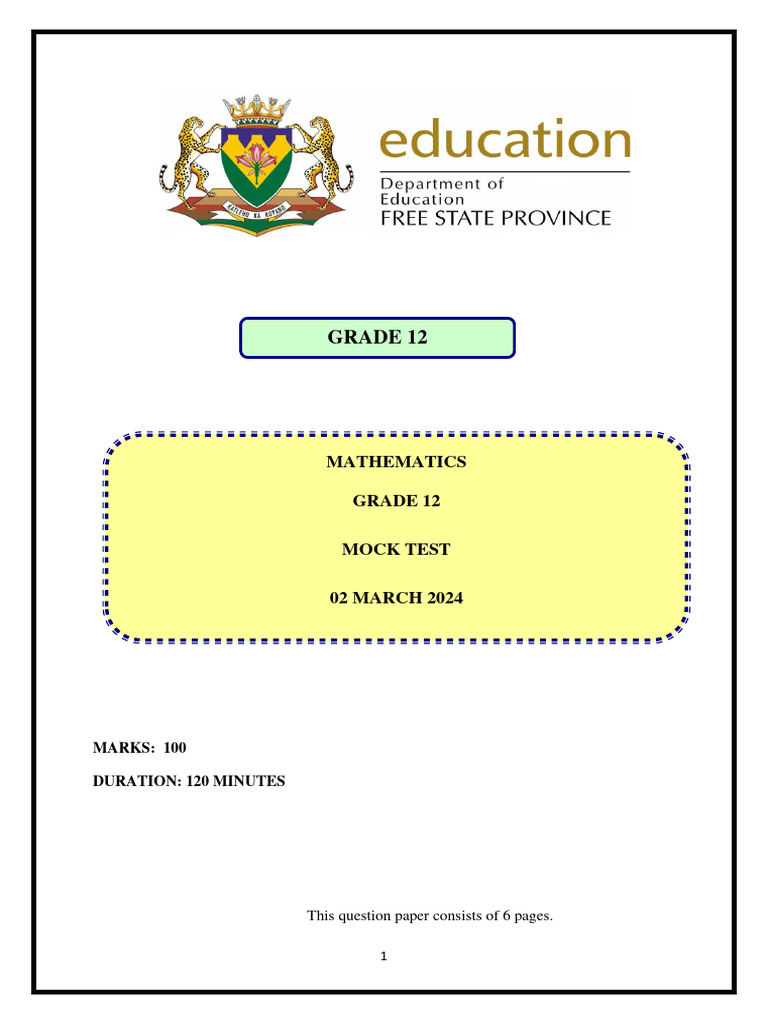 Grade 12 Mock Test (2024) Term 1 Fe | PDF | Trigonometric Functions ...