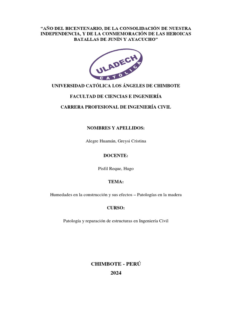 Informe - Alegre Huaman Greysi Cristina | PDF | Madera | Corrosión
