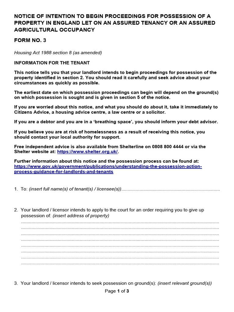 Tenancy Form 3: Notice Seeking Possession of A Property Let On An ...