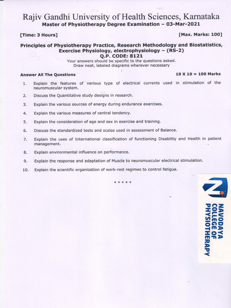 Rguhs Mpt March 2021 Qp | PDF