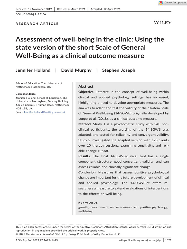 J Clin Psychol - 2021 - Holland - Assessment of Well Being in The ...