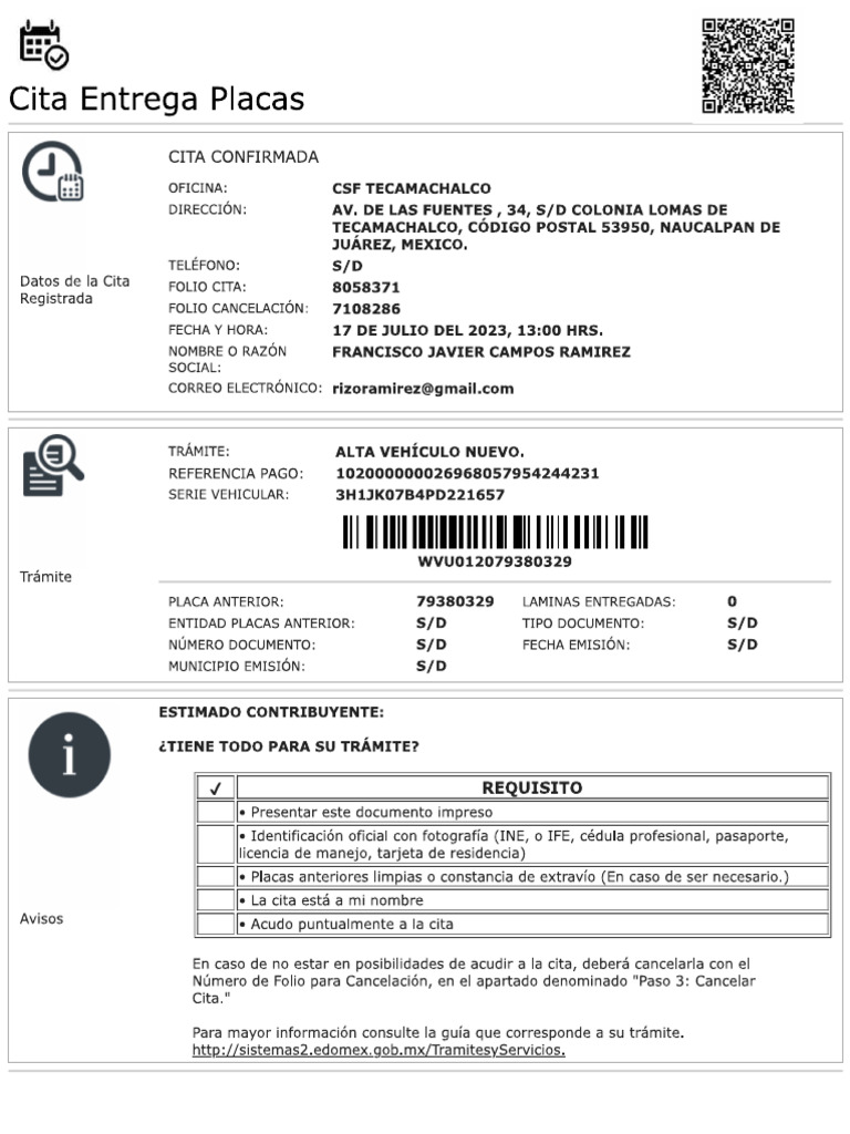 Cita Entrega de Placas | PDF