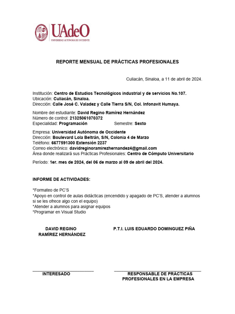 5-Reporte Mensual 2 (1) Practucas David | PDF | Informática