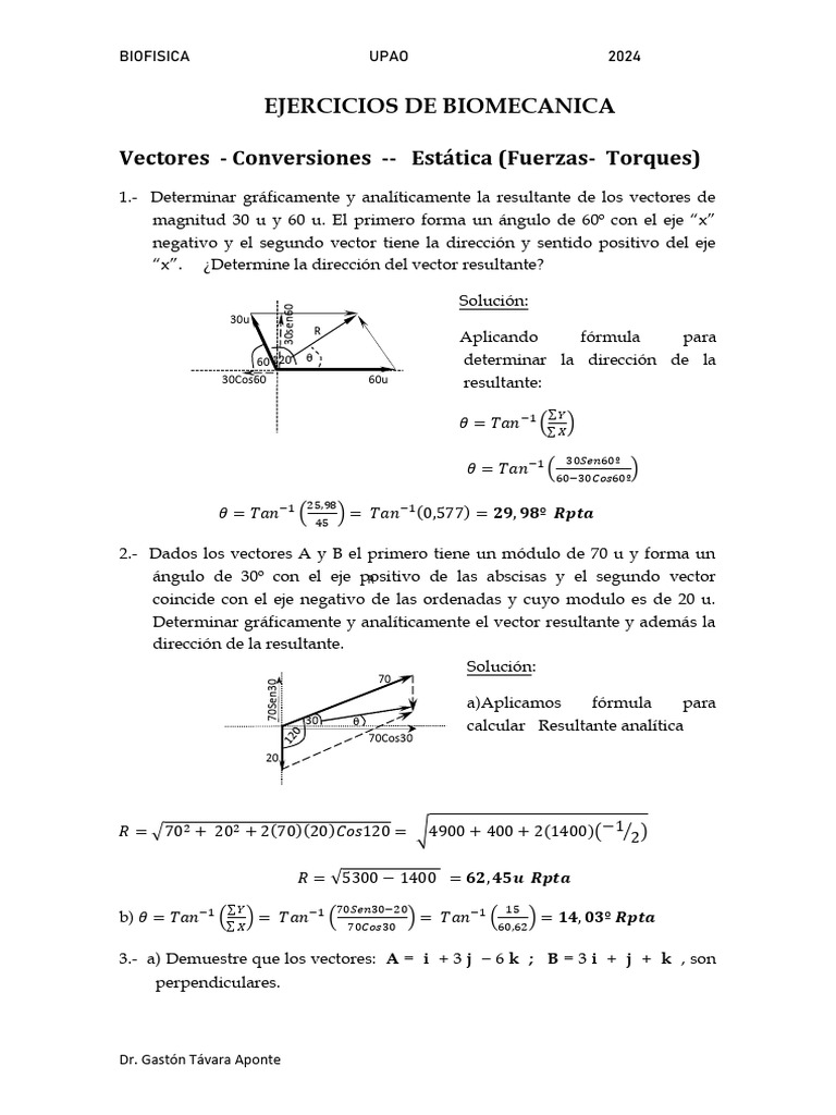 Seminario de Ejercicios Resueltos de Biomecanica (Magnitudes y Vectores) 2024 - 10 | Descargar ...