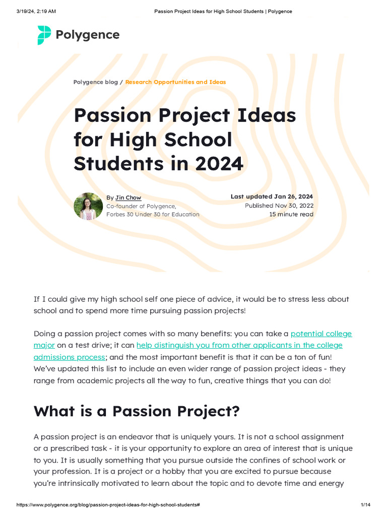 Passion Project Ideas For High School Students - Polygence | PDF ...