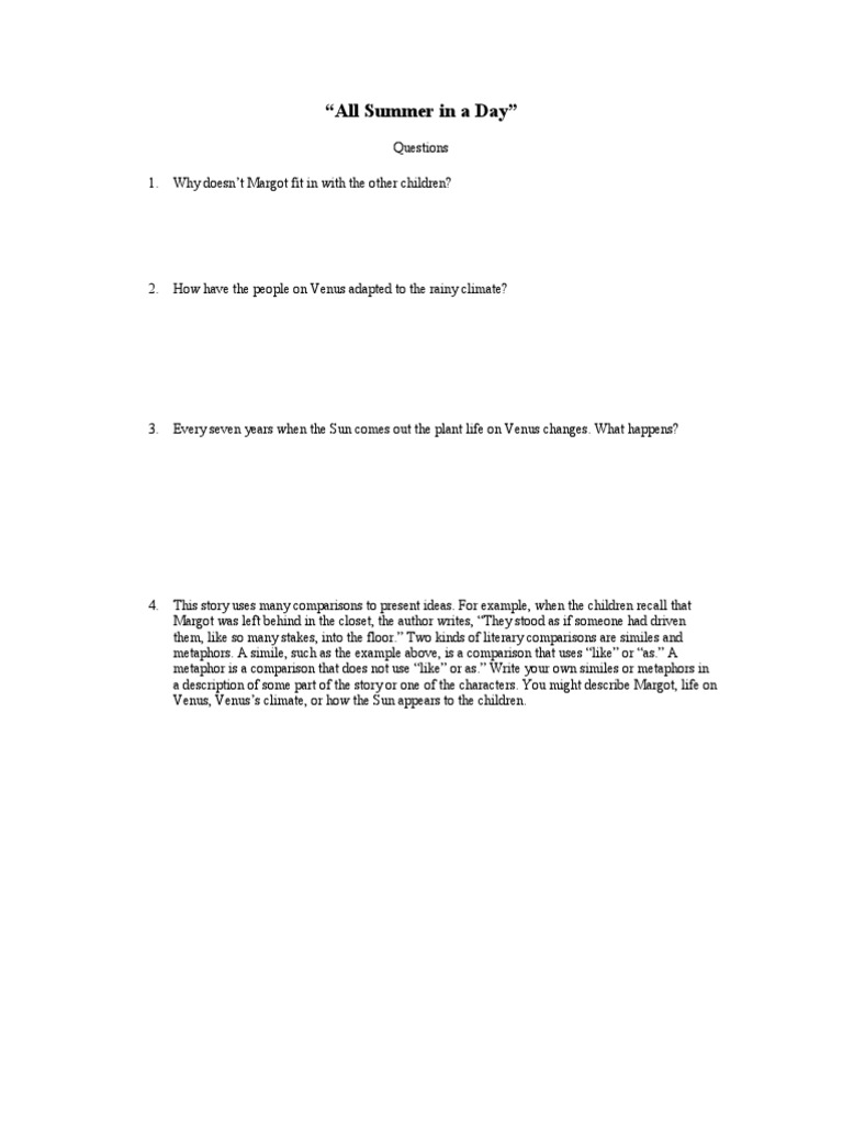 Questions on "All Summer in a Day" | PDF | General Fiction