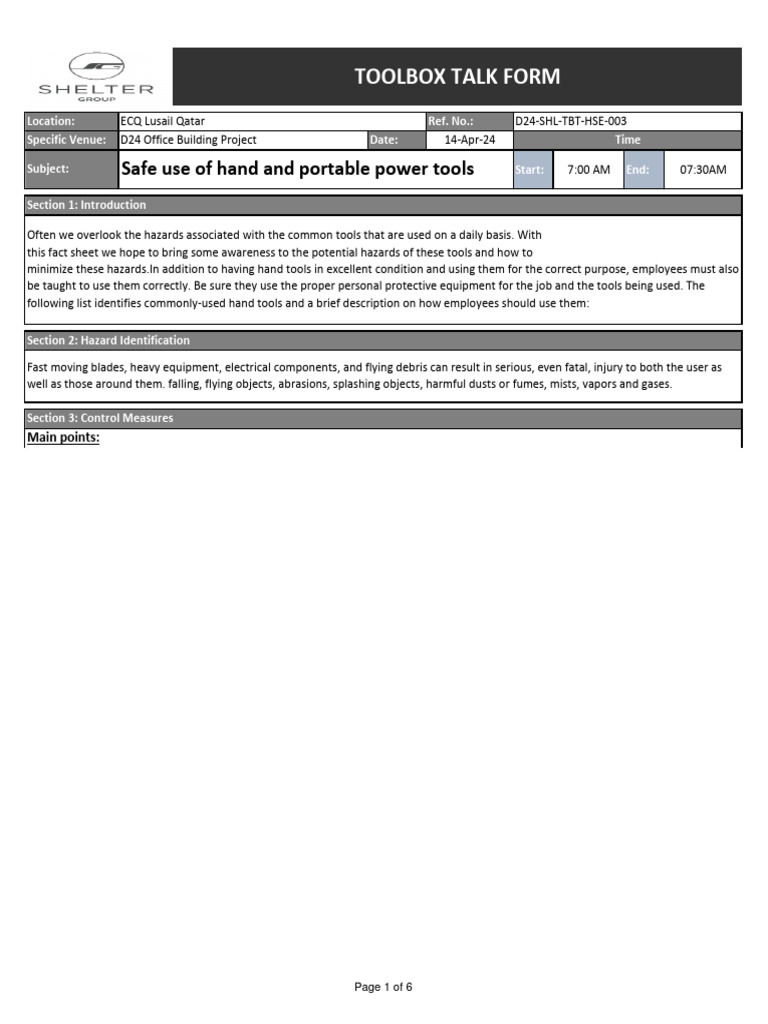 Toolbox Talk Form Safe Use of Hand and Portable Power Tools 003 | PDF | Tools | Hammer
