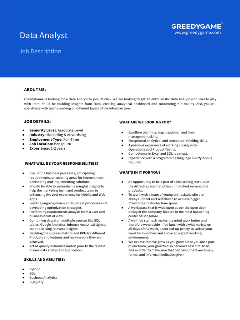 Data Analyst - JD | Download Free PDF | Data Analysis | Analytics