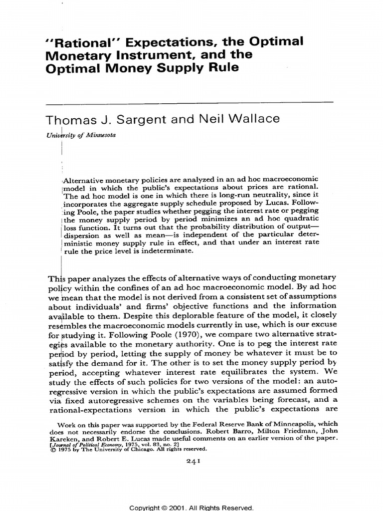 1975 Rational Expectations, The Optimal Monetary... (Sargent e Wallace) | PDF