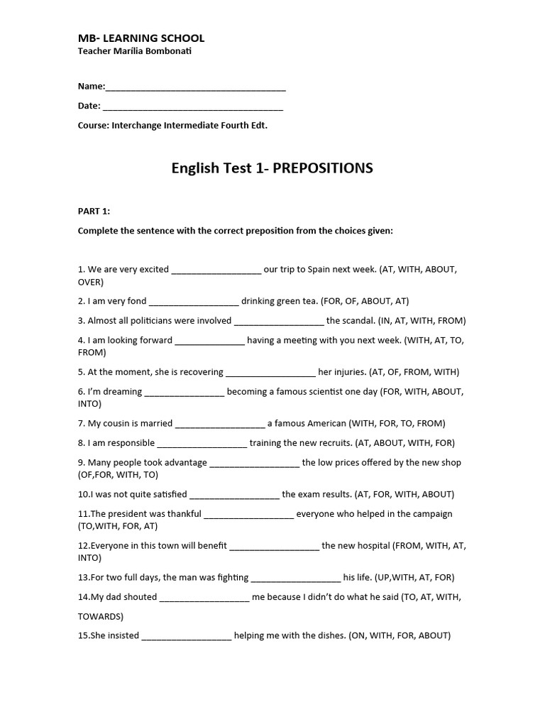 MB Learning School - Preposition Test | PDF