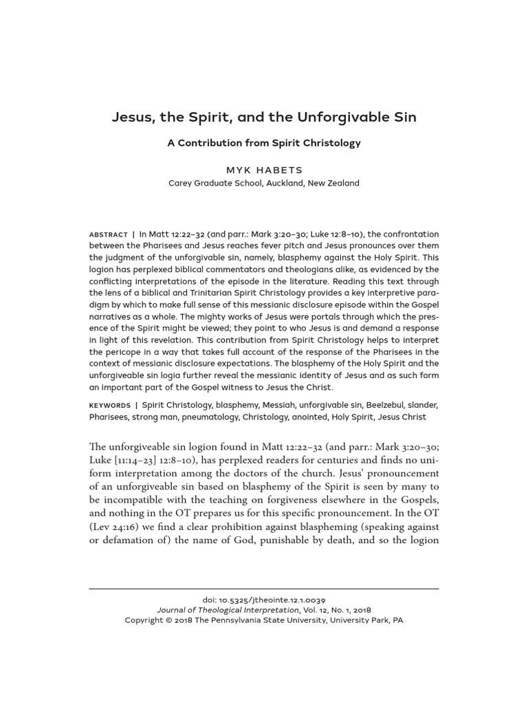 Jesus, The Spirit, and The Unforgivable Sin - Myk Habets | PDF | Jesus ...