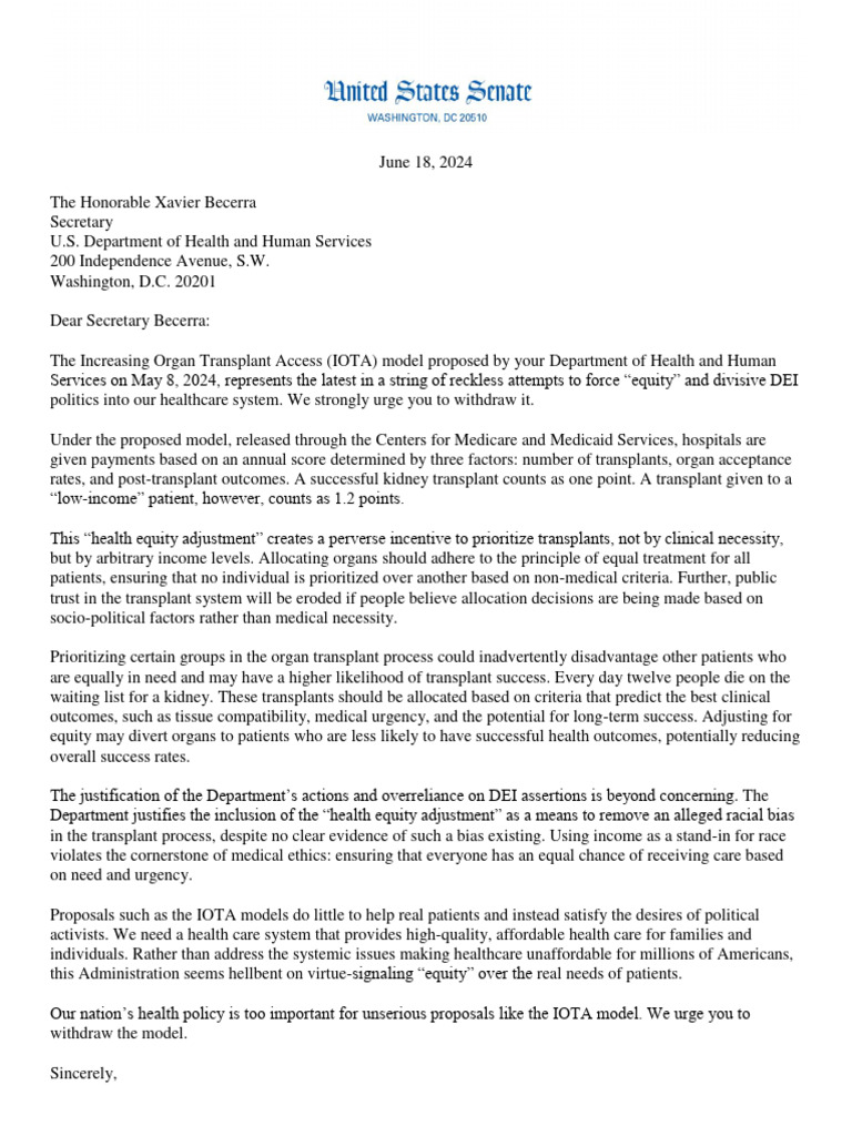 Increasing Organ Transplant Access (IOTA) Model Letter | PDF | Organ ...