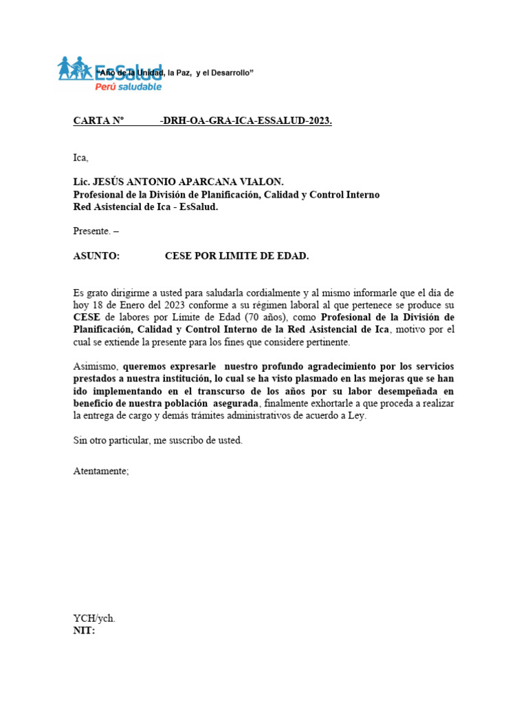 Carta Nº. Cese Por Limite de Edad | PDF Carta Nº. Cese Por Limite de Edad | PDF