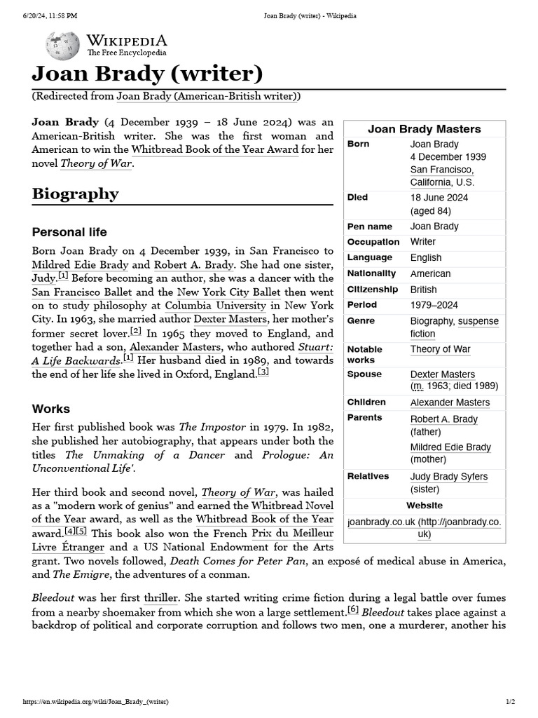 Joan Brady (Writer) - Wikipedia | PDF | American Novelists