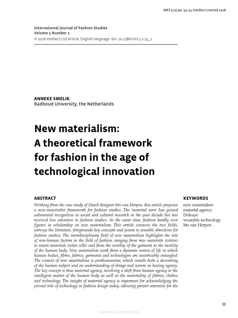 1 A - New Materialism: A Theoretical Framework For Fashion in The Age of Technological ...