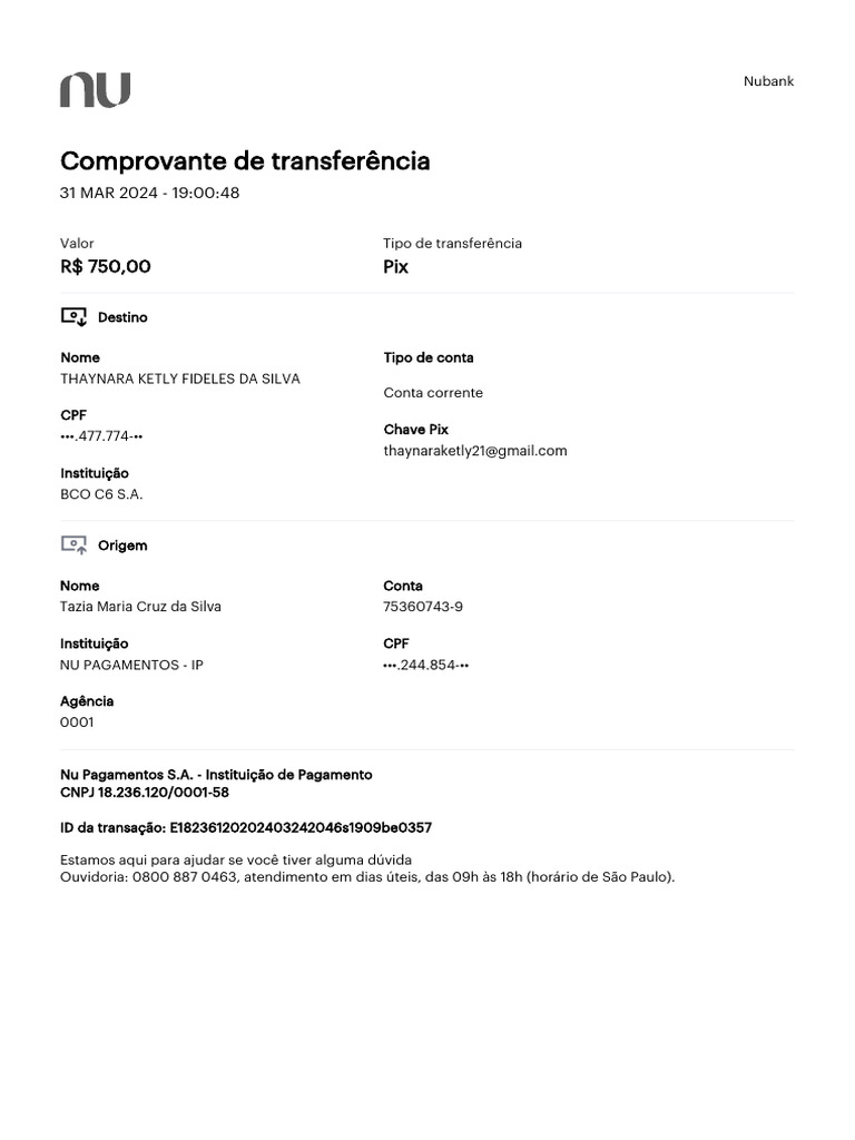 Comprovante Nubank 31-05-2024 | PDF Comprovante Nubank 31-05-2024 | PDF