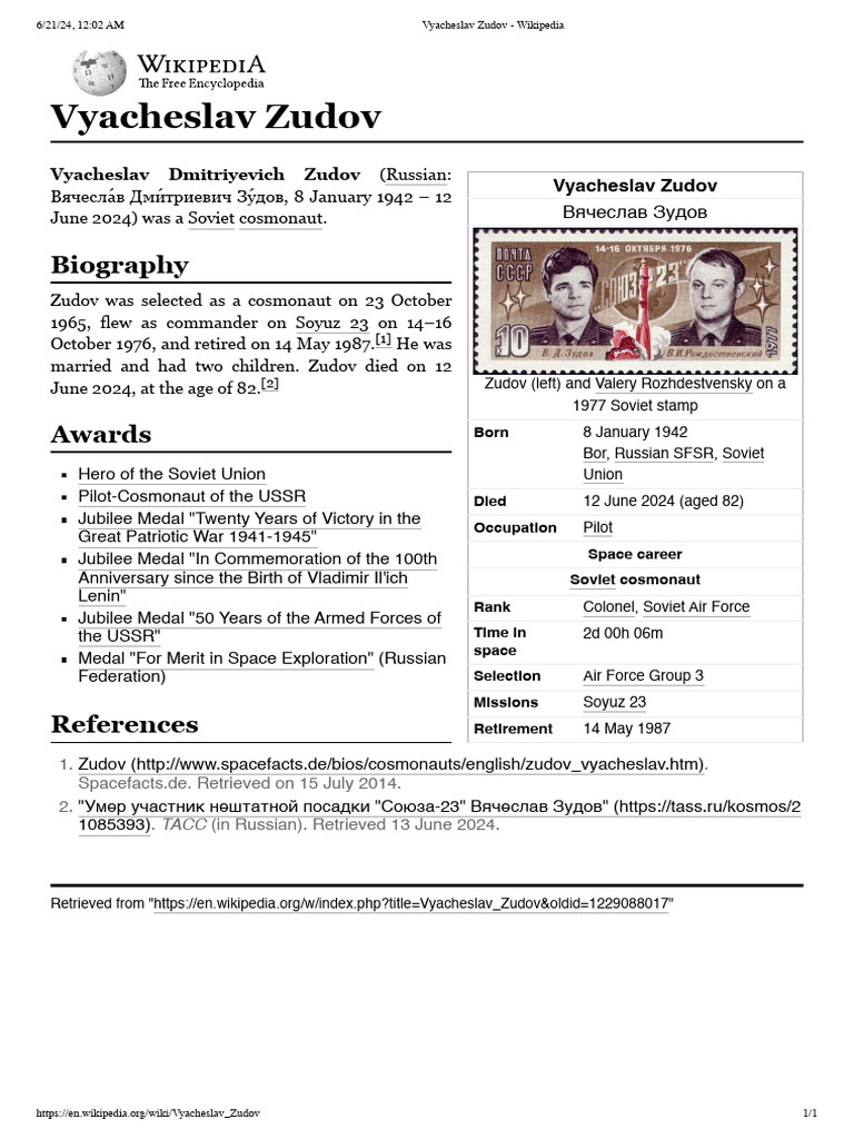 Vyacheslav Zudov - Wikipedia | PDF | Astronauts | Soviet Union