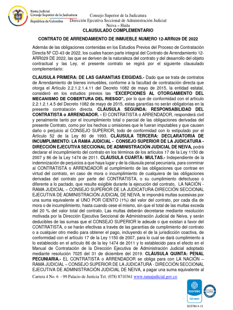 Clausulado Complementario - Contrato #12-Arr029-2022 | PDF | Judicaturas | Póliza de seguros