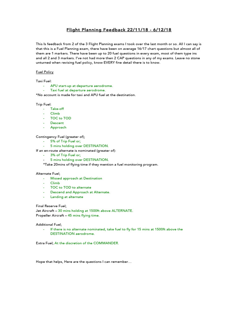 Flight Planning Feedback 8 - 12 - 18 | PDF | Aviation | Aircraft