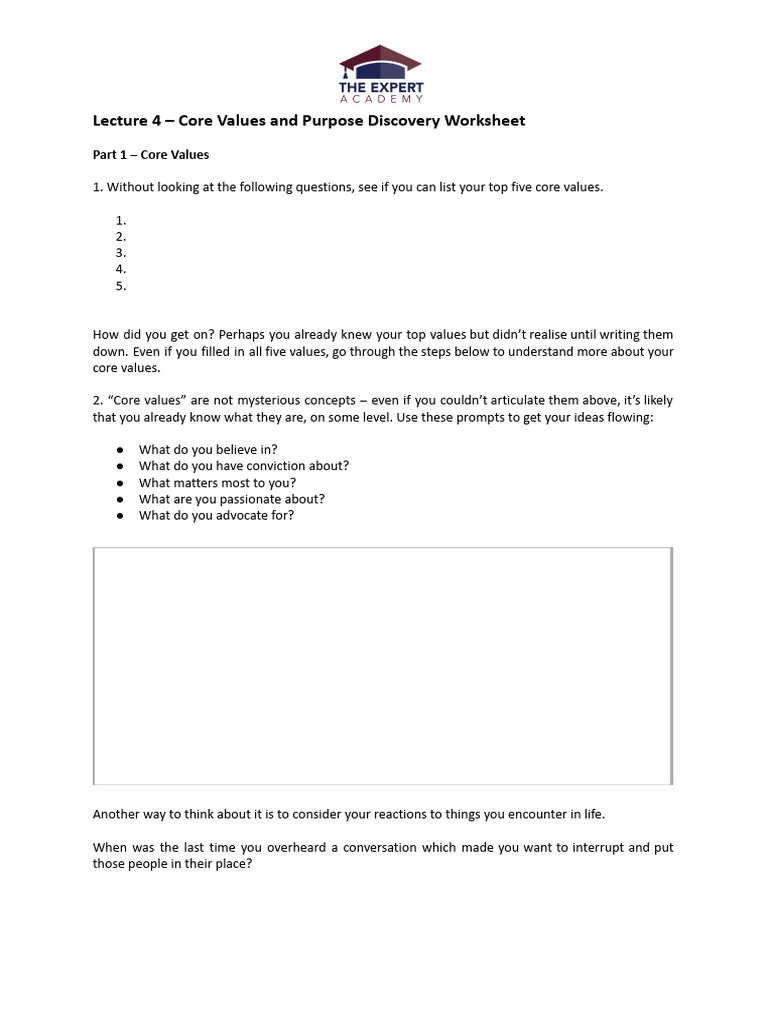 Core Values & Purpose Worksheet | PDF | Feeling | Experience