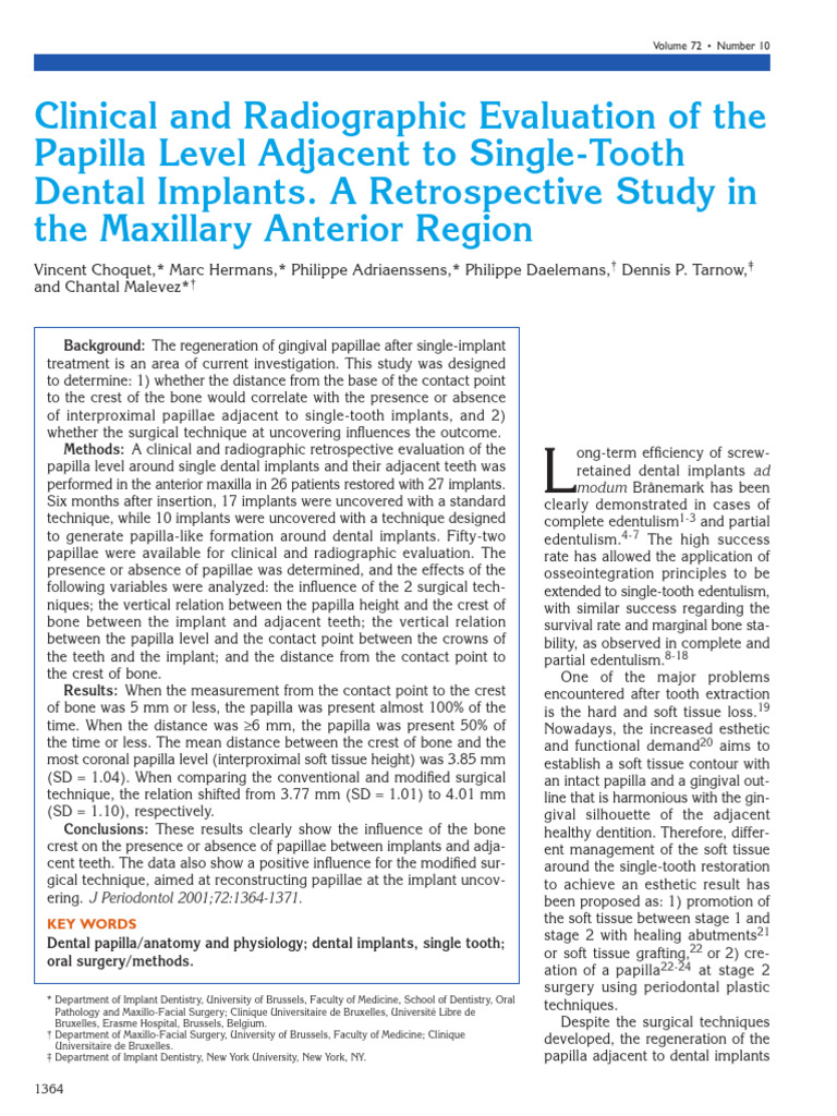 Clinical and RX Evaluation of Papilla Level Implants (Tarnow) | PDF ...