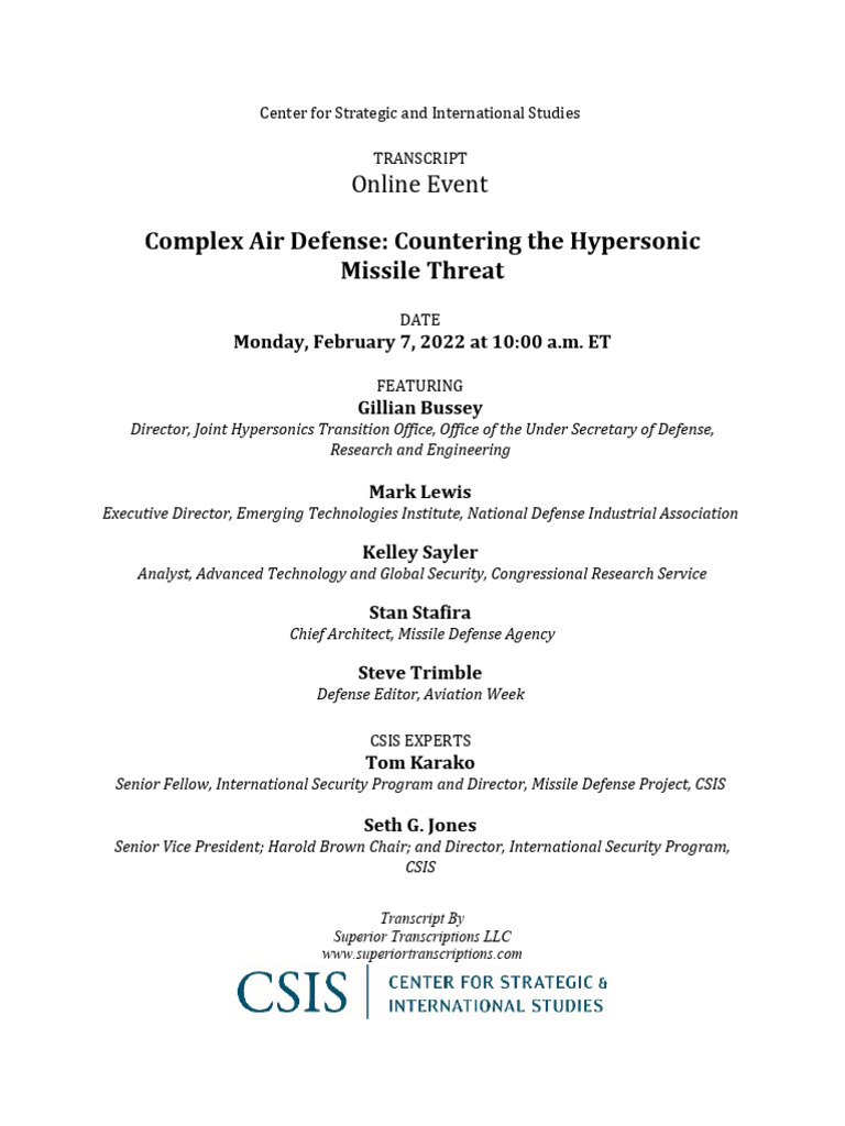 Karako, Tom - Countering the Hypersonic Missile Threat (CSIS) (2022 ...