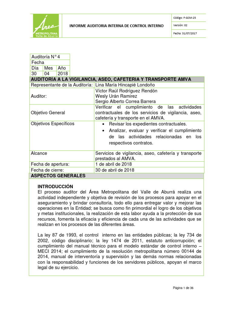 2018 04 AUDITORIA VIGILANCIA ASEO CAFETERIA Y TRANSPORTE AMVA Y PARQUE ...