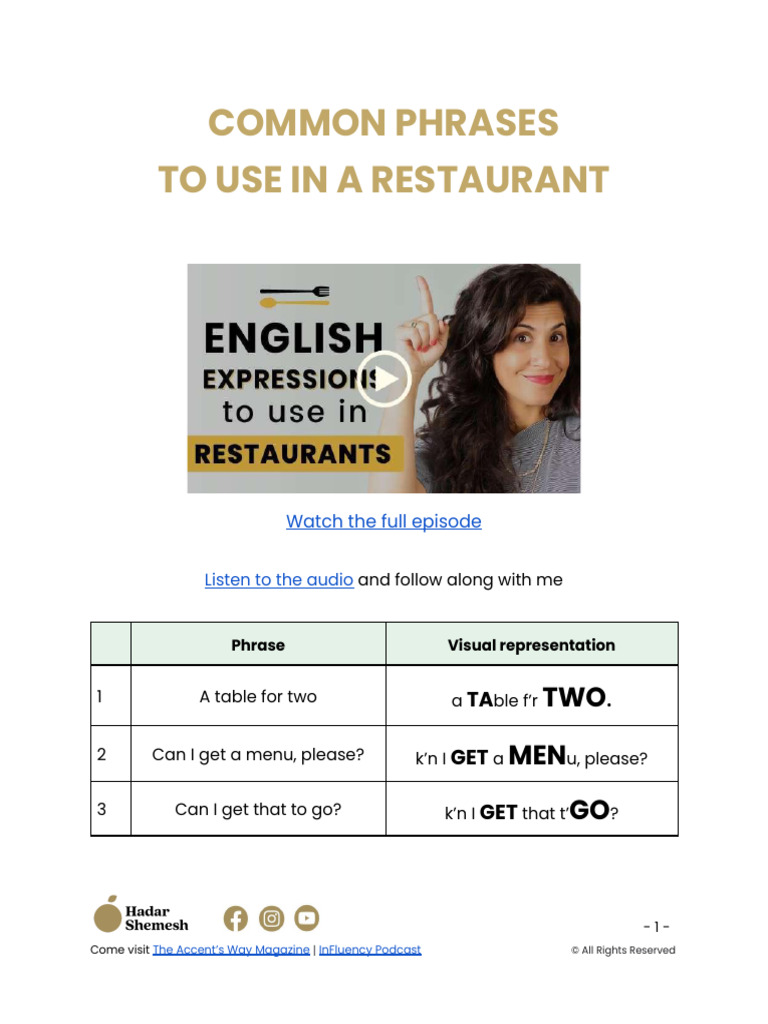 Common Phrases To Use in A Restaurant Practice Sheet | PDF | Menu | Cooking
