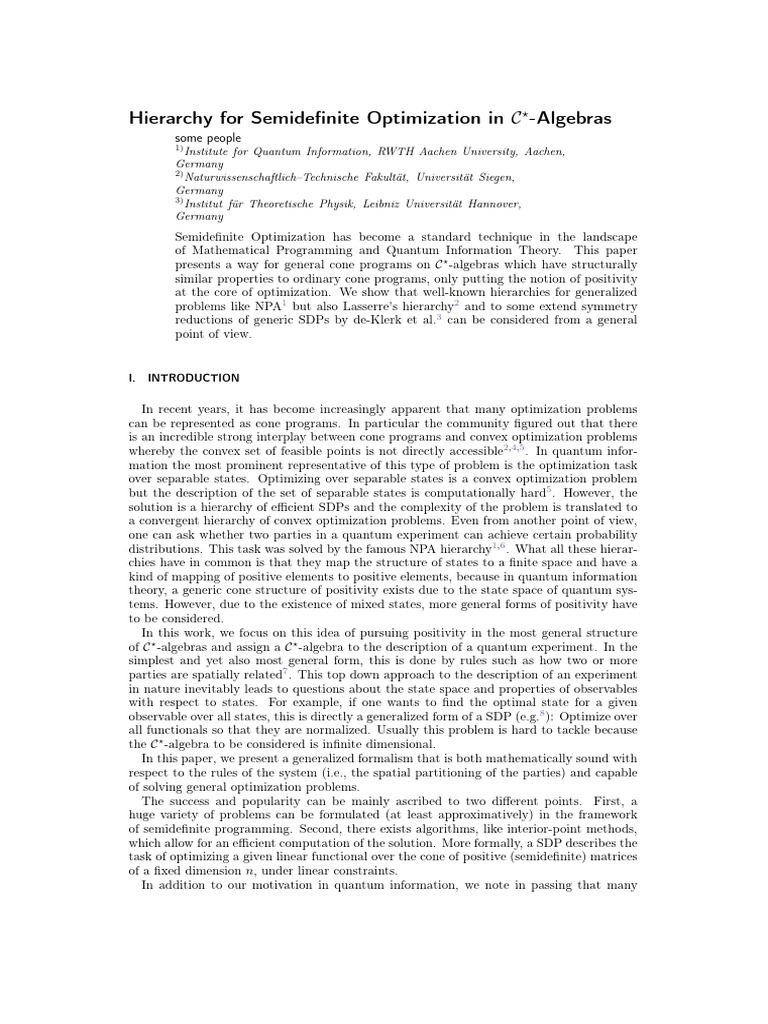 Semidefinite Programming in C Algebras | PDF | Matrix (Mathematics) | Mathematical Optimization