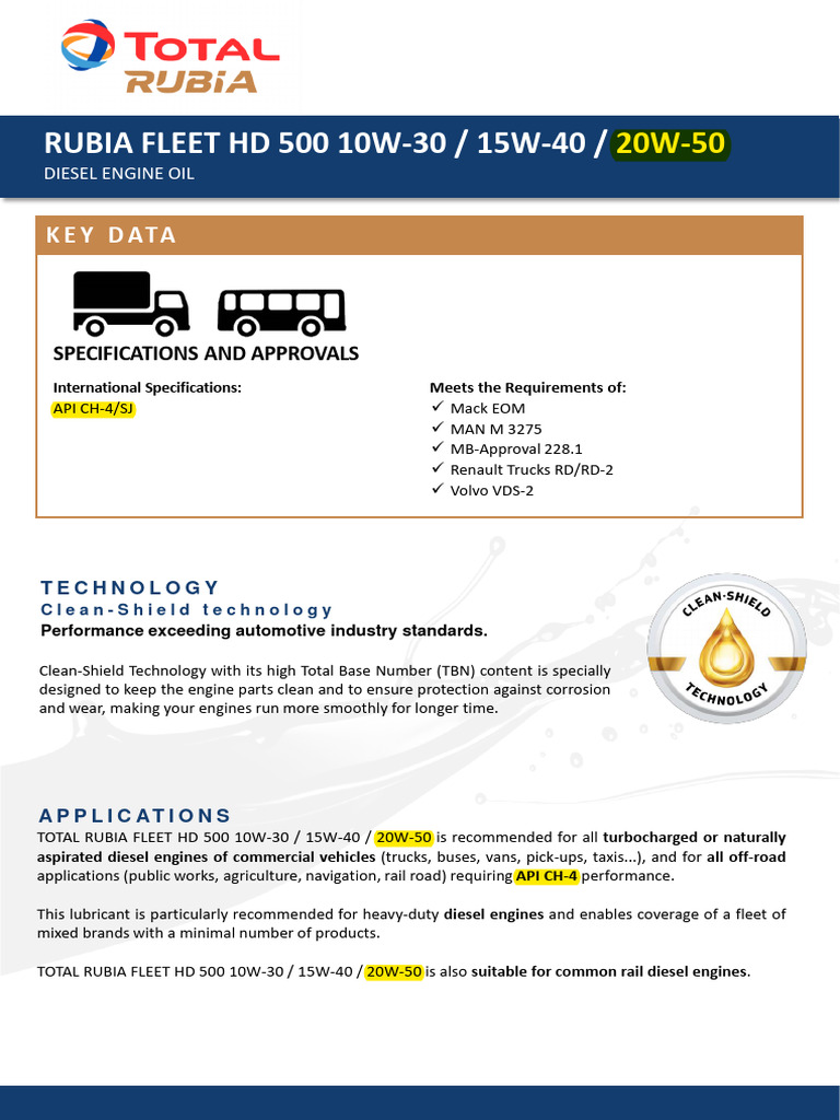 TDS Total Rubia Fleet HD 500-20W50 | PDF | Motor Oil | Engineering