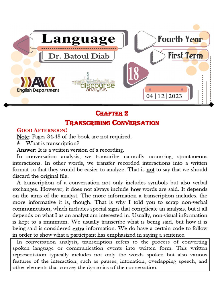 Transcription in Conversation Analysis | PDF | Nonverbal Communication | Communication