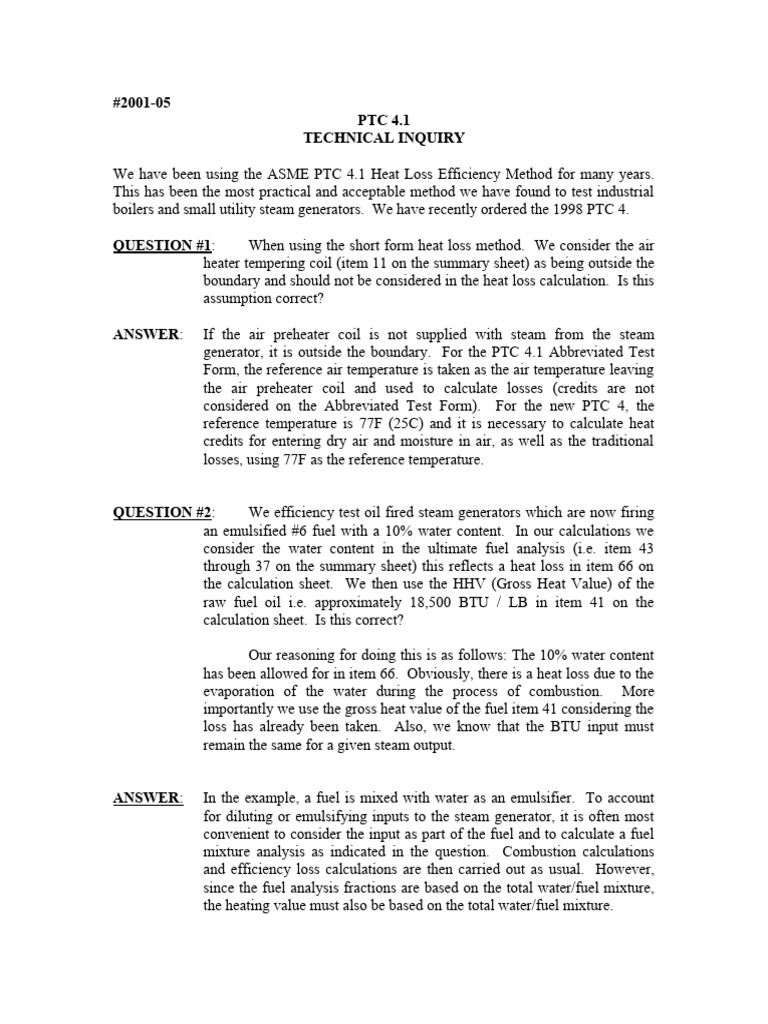 #2001-05 PTC 4.1 Technical Inquiry | PDF | Boiler | Fuels