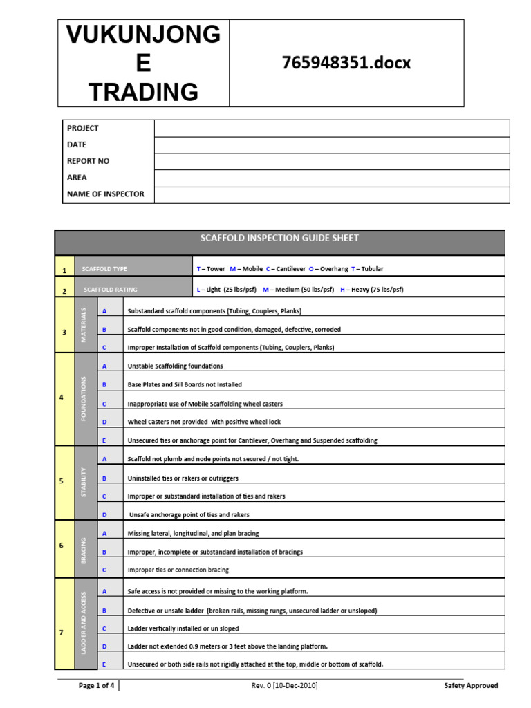 Scaffold Inspection Checklist | PDF | Scaffolding | Equipment