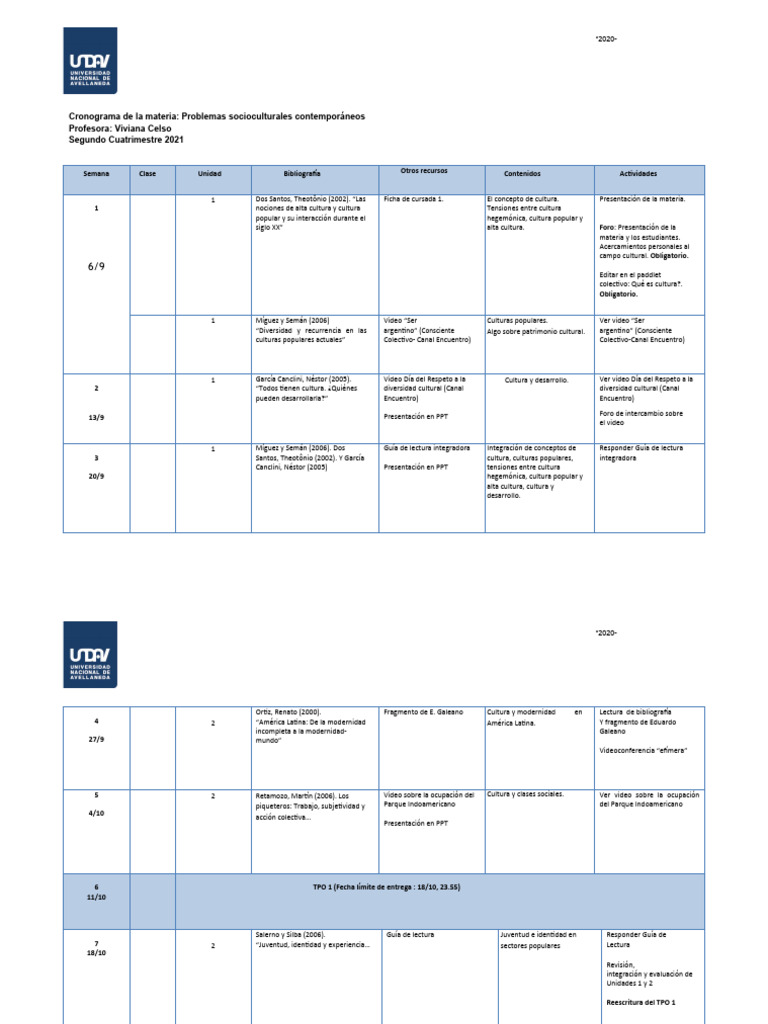 Cronograma PSC. 2C 2021 | PDF | Educación en artes liberales