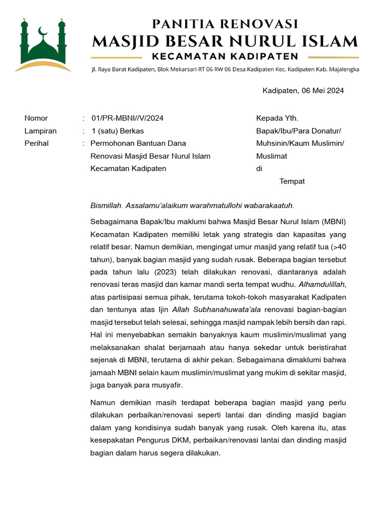 Permohonan Dana Renovasi Masjid MBNI | PDF | Sains & Matematika