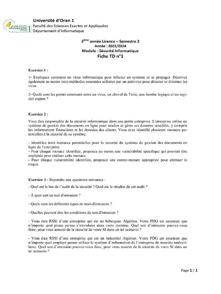 Fiche TD 1 SI (2023-2024) I | PDF